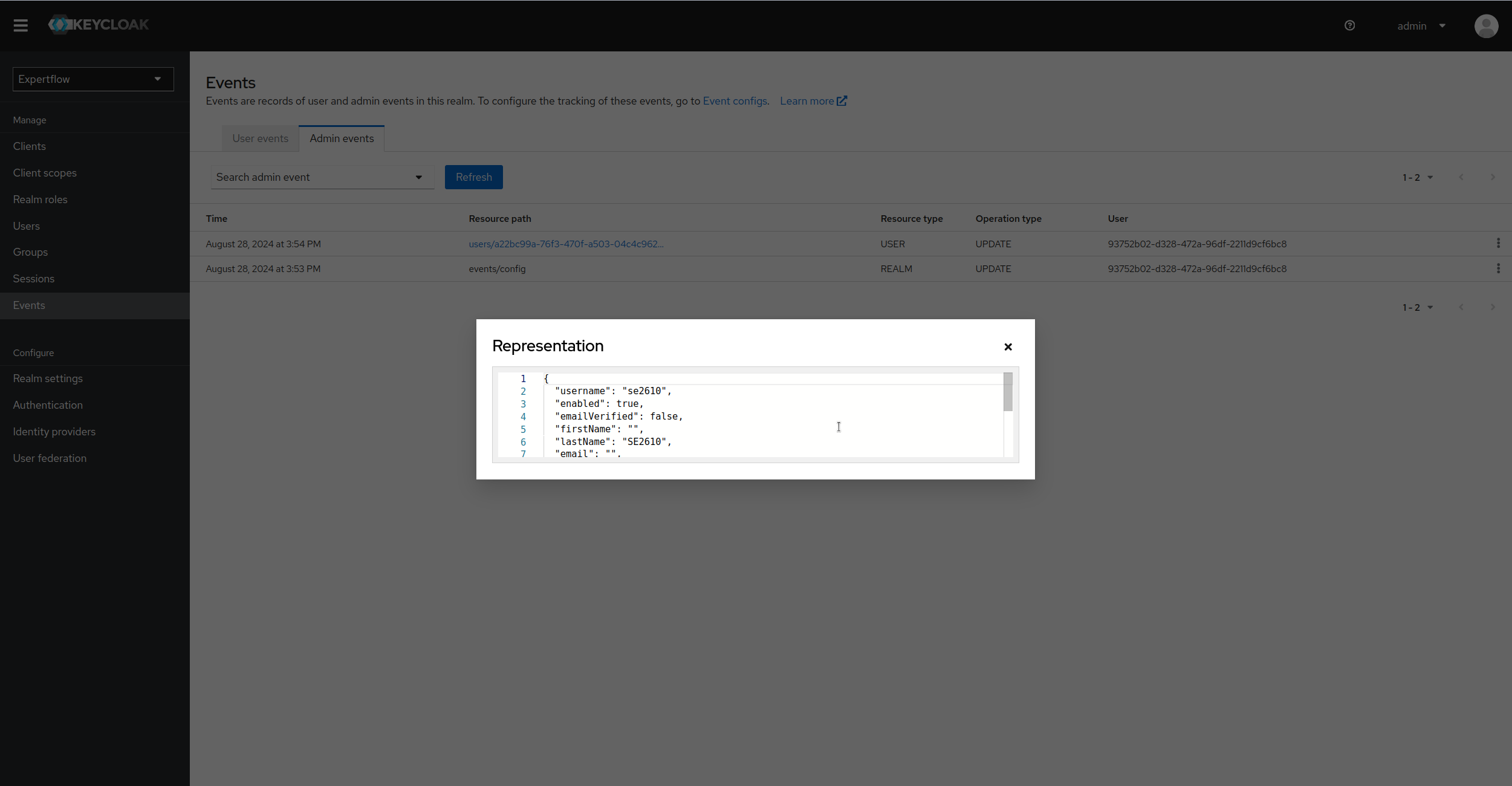 Configuration of Event Logging in Keycloak.